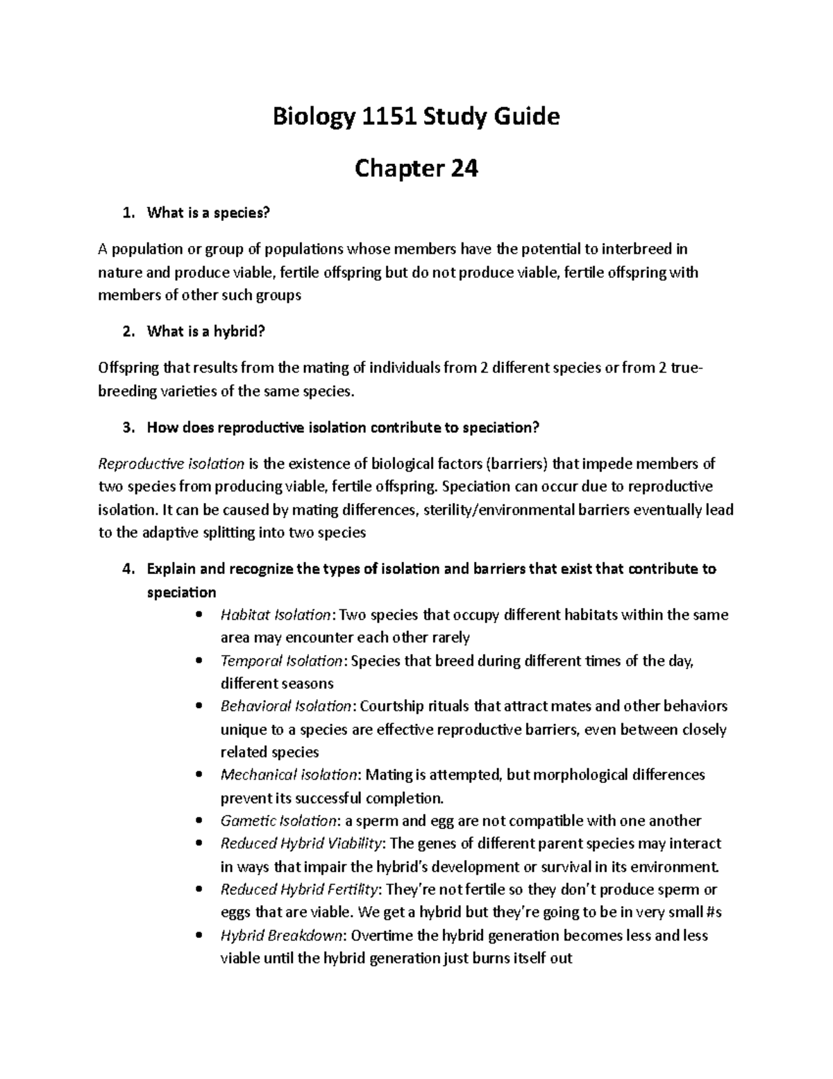 Chapter 24 Study Guide copy - Biology 1151 Study Guide Chapter 24 1 ...
