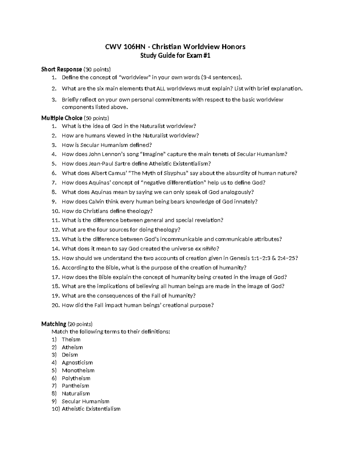 CWV106 HN Study guide - Exam #1 - CWV 106HN - Christian Worldview ...