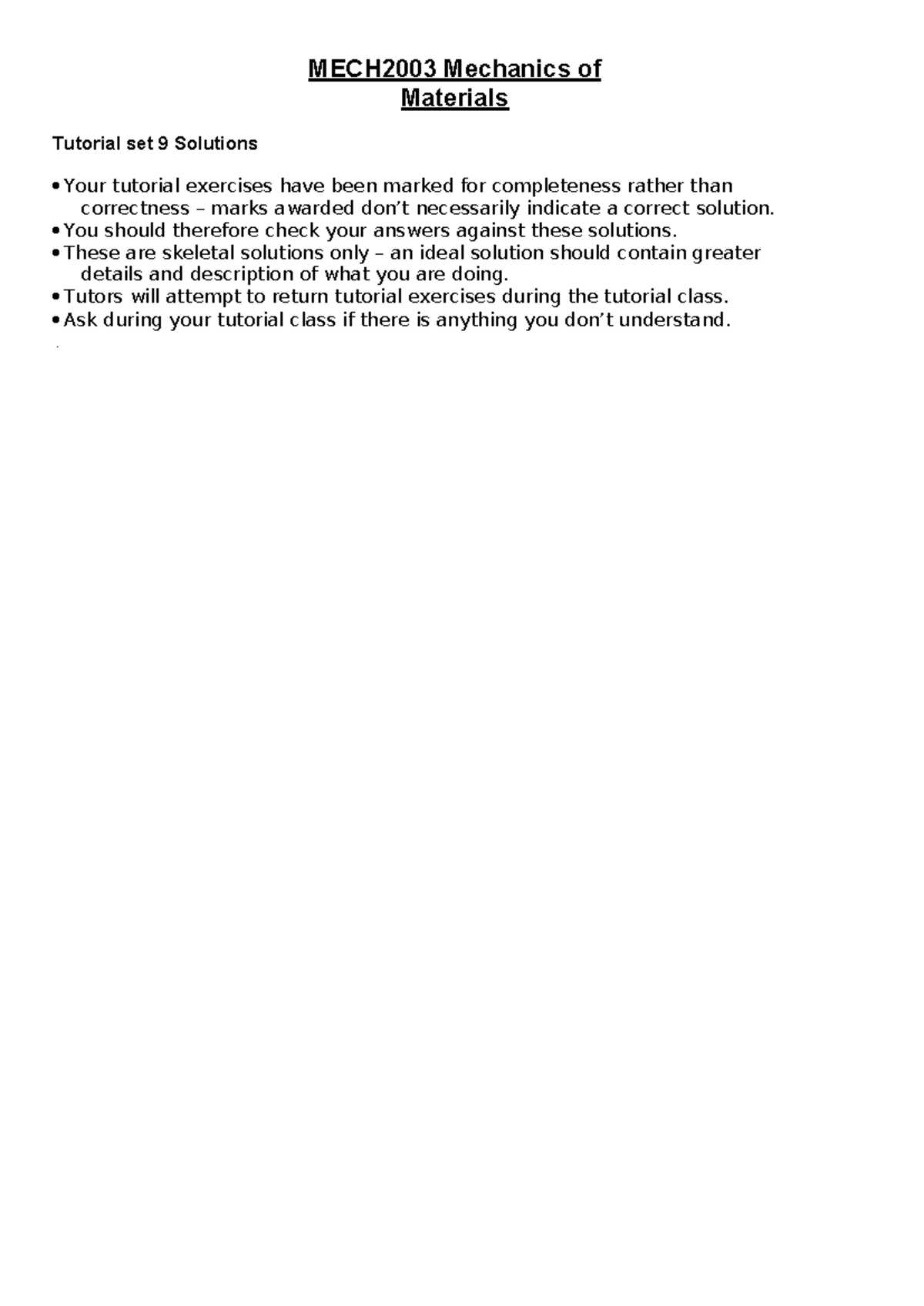 Soln set 9 2024(1) - tutorial 9 - MECH2003 Mechanics of Materials Tutorial set 9 Solutions Your ...