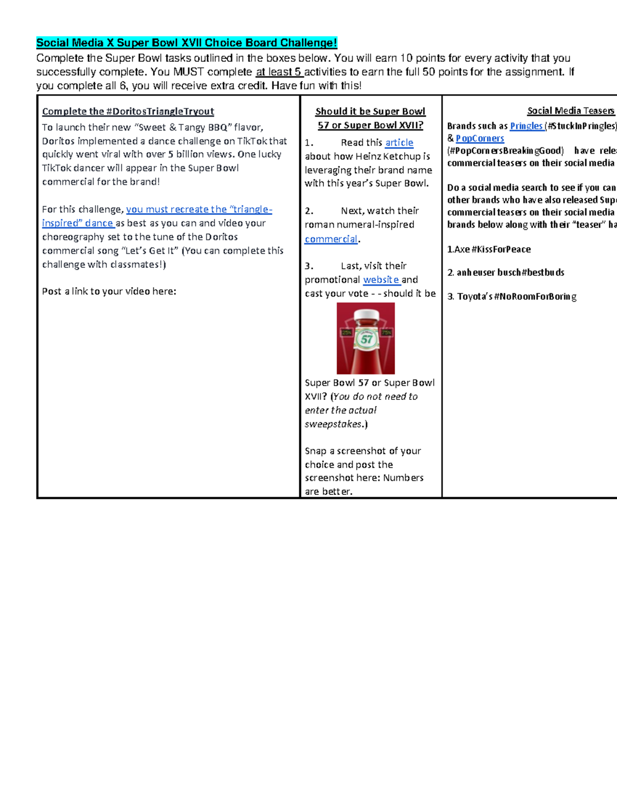 Social Media X Super Bowl XVII Choice Board Challenge (SF) copy ...