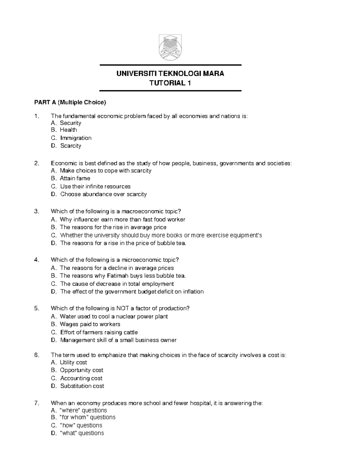 Tutorial 1 - UNIVERSITI TEKNOLOGI MARA TUTORIAL 1 PART A (Multiple ...