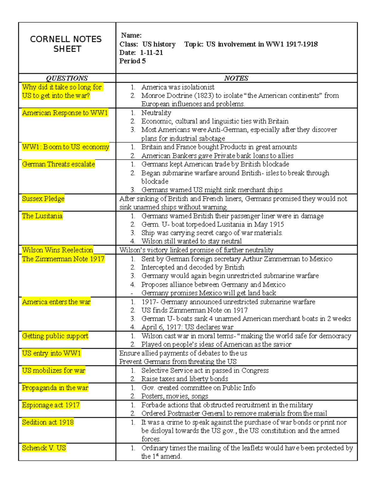 US involvement in WW1 1917-1918 - CORNELL NOTES SHEET Name: Class: US ...