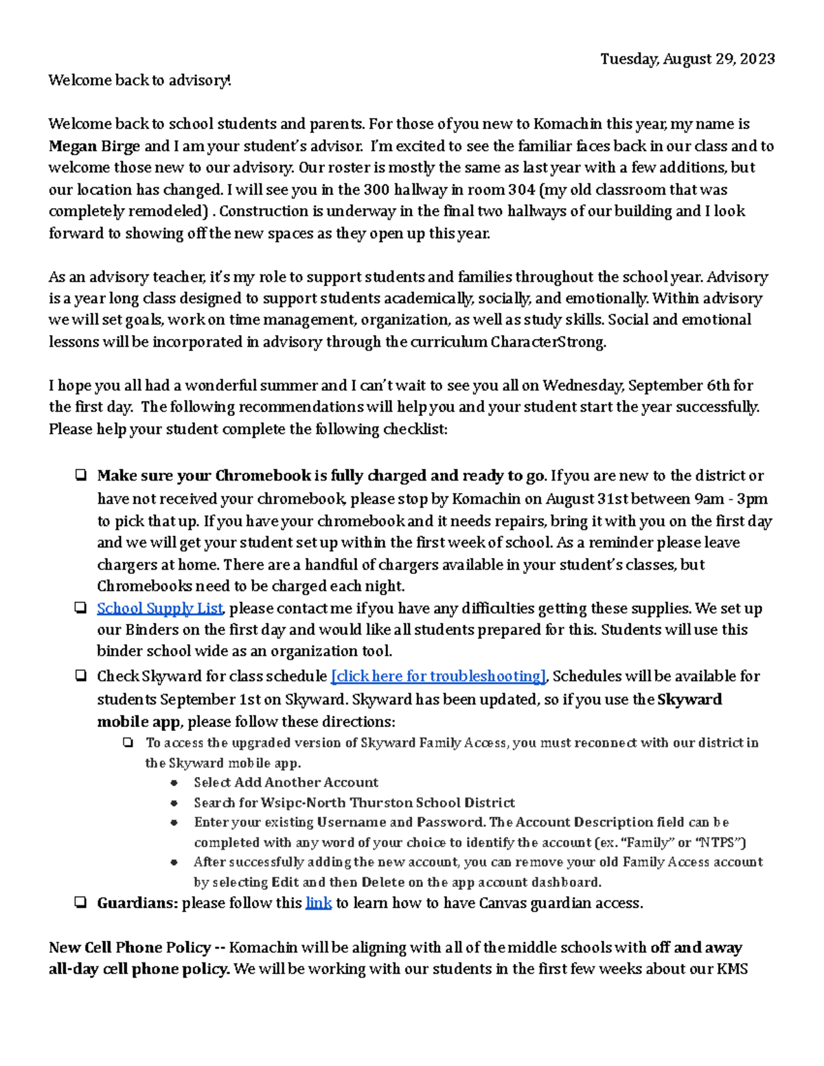 Advisory Welcome Letter 2023 - Tuesday, August 29, 2023 Welcome back to ...