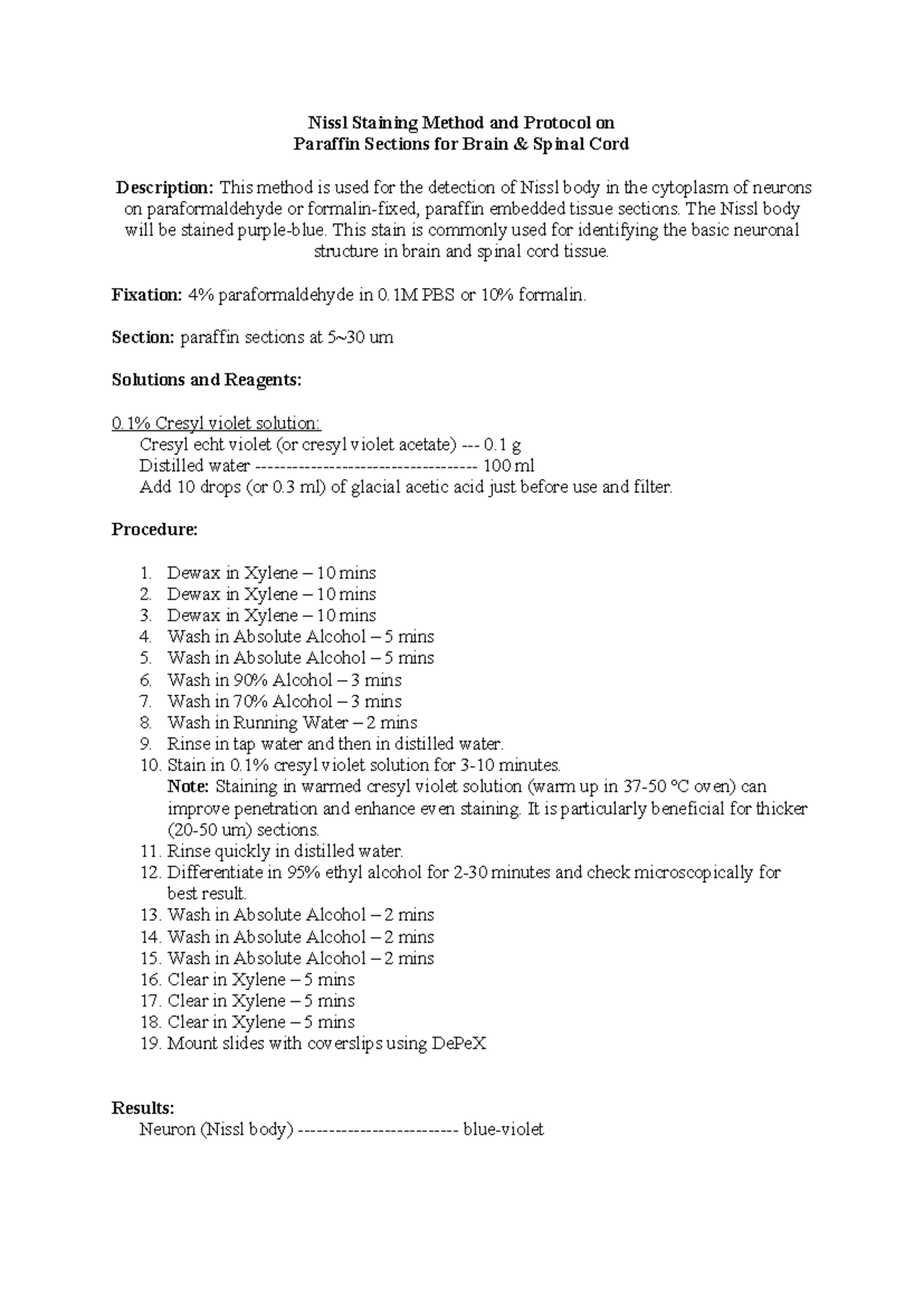Nissl Staining Method brain for Assignment 1 - Nissl Staining Method ...