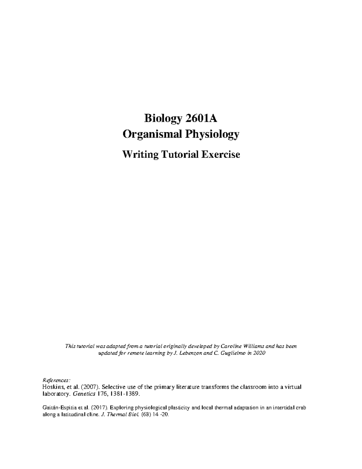 Writing+tutorial worksheet+2020 - Biology 2601A Organismal Physiology ...