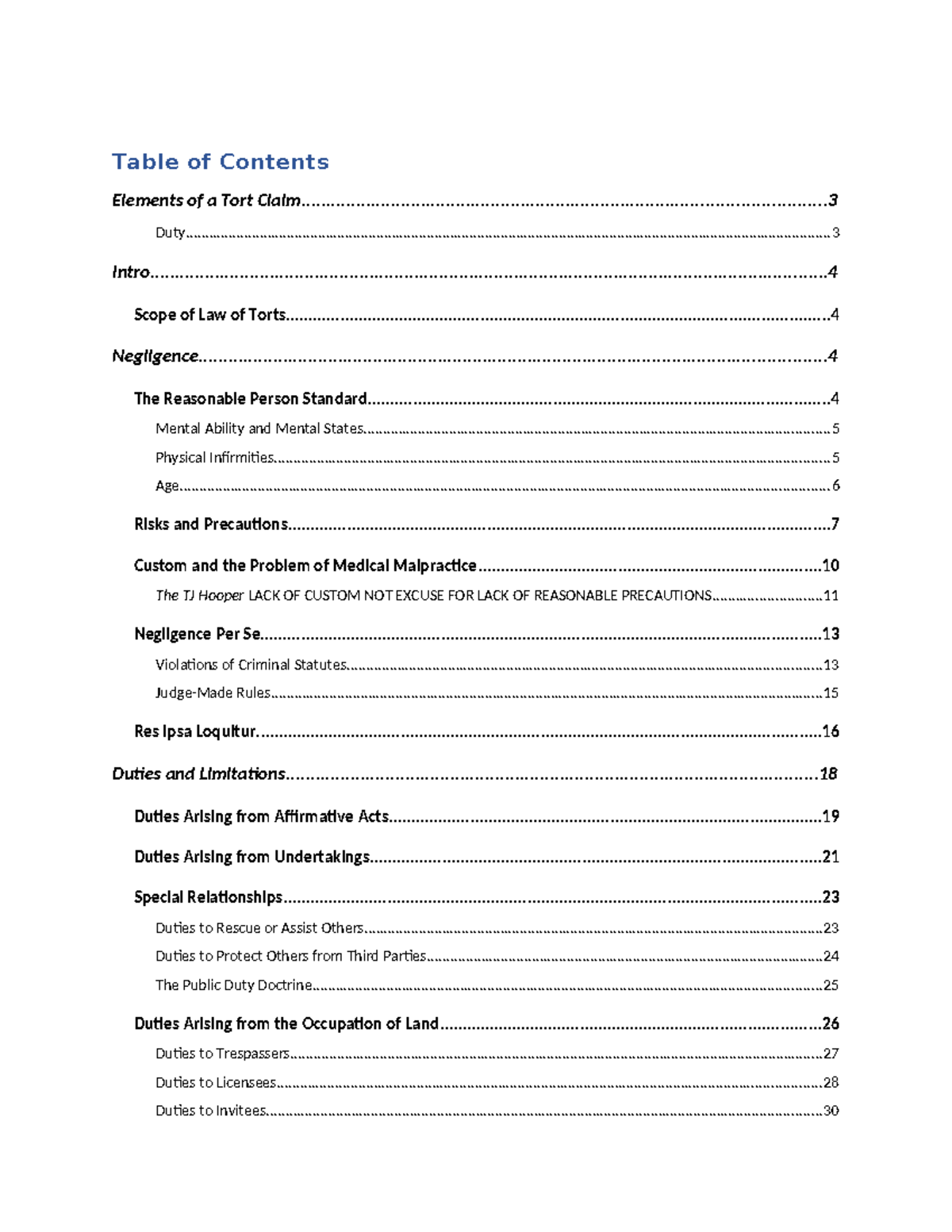 Torts Outline - Table of Contents Elements of a Tort - Studocu