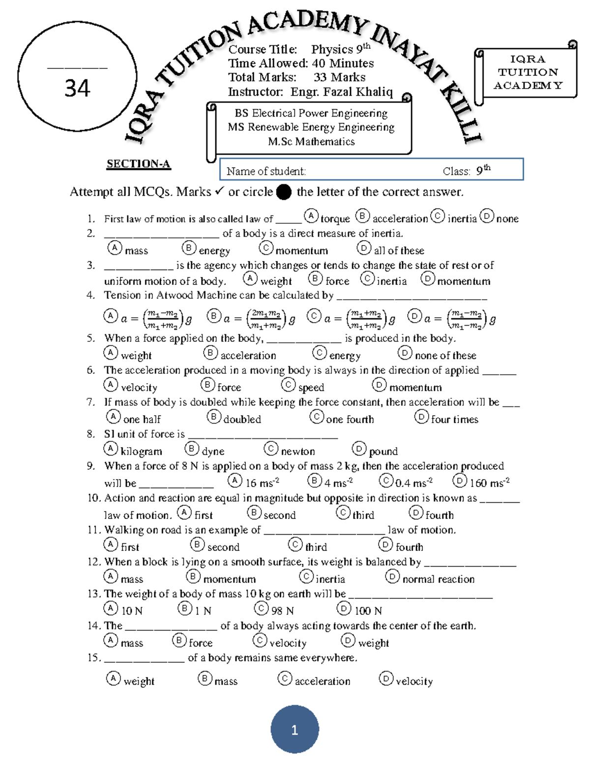 Class 9th Chap 03 MCQs - This is about chapter 9 - 1 SECTION-A Attempt ...