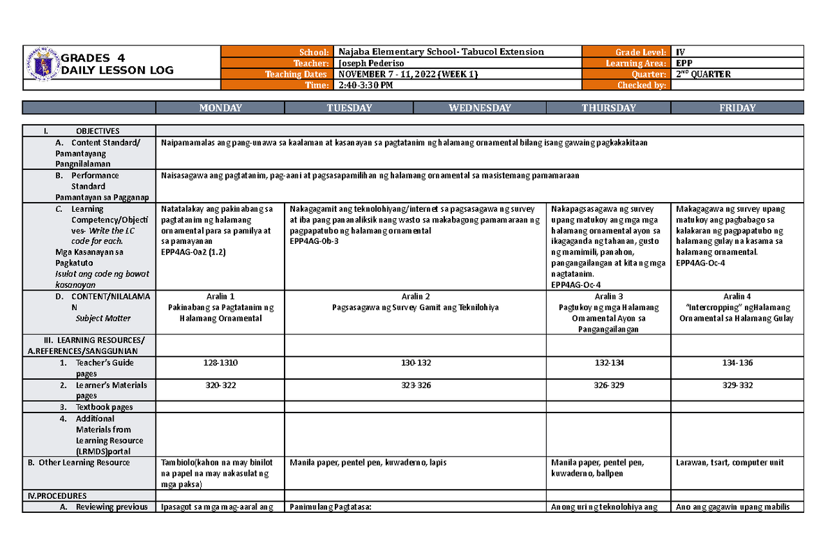 DLL EPP 4 Q2 W1 - lesson log - GRADES 4 DAILY LESSON LOG School: Najaba ...