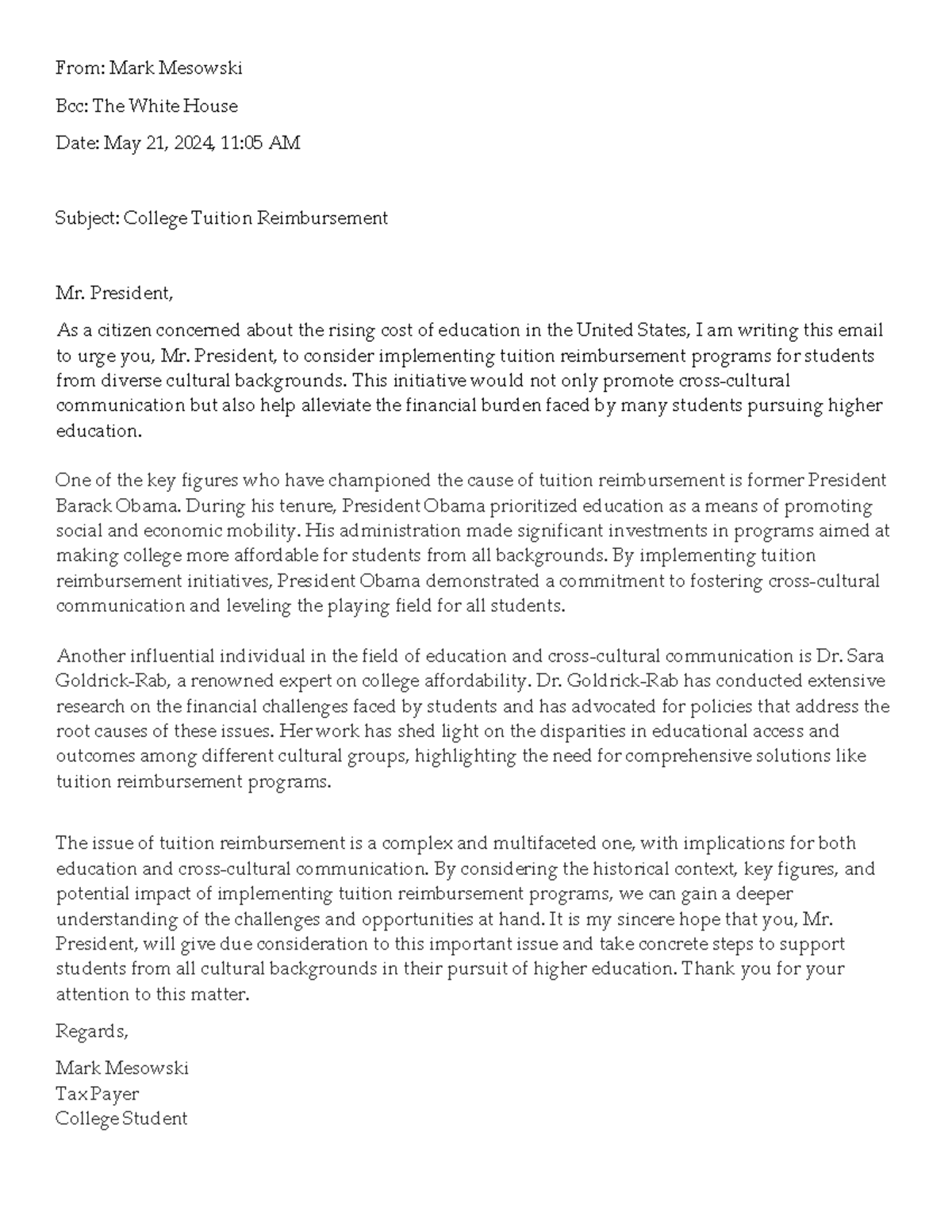 D270 task1 - From: Mark Mesowski Bcc: The White House Date: May 21 ...