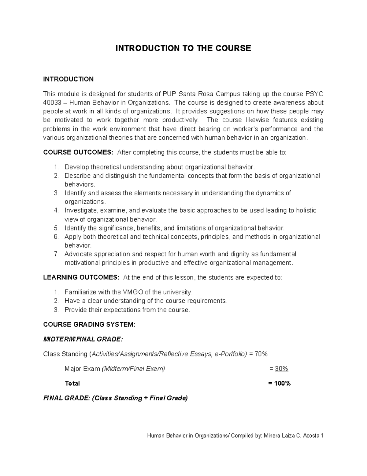 Lesson 1 - HBO - Human Behavior in Org - INTRODUCTION TO THE COURSE ...