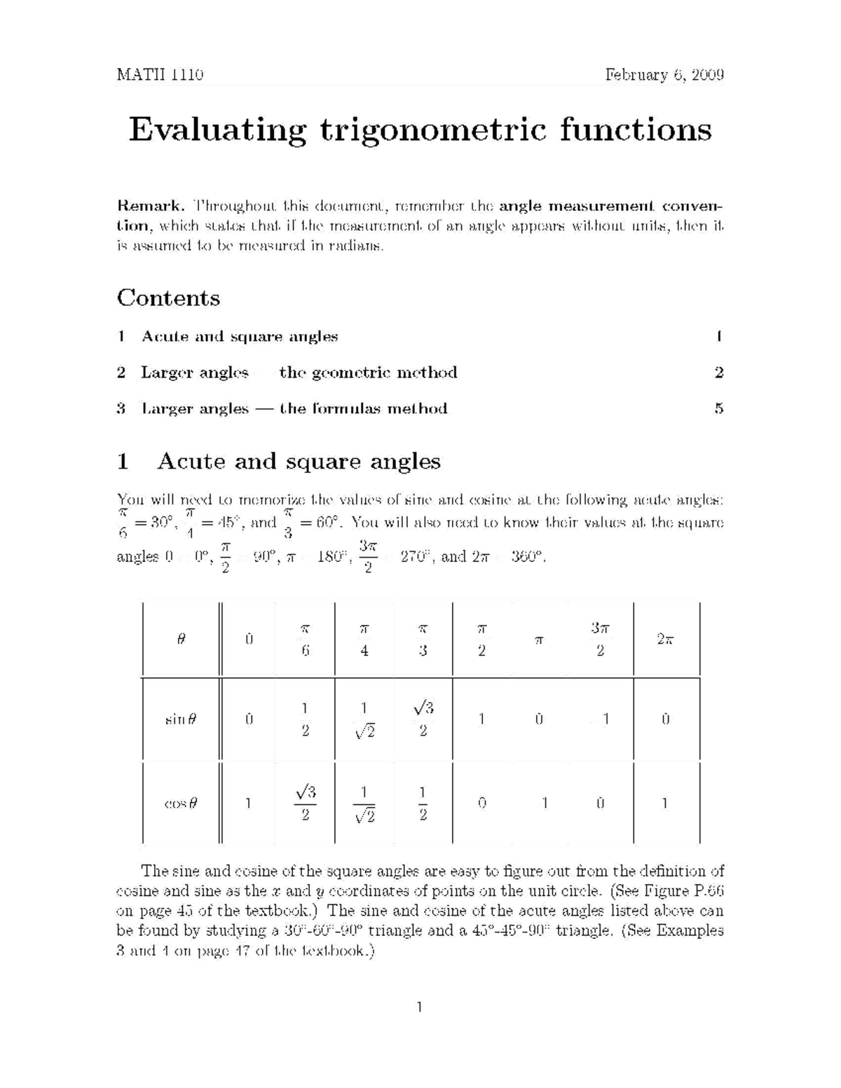 Lecture notes, Evaluating trigonmetric functions - MATH February 6 ...