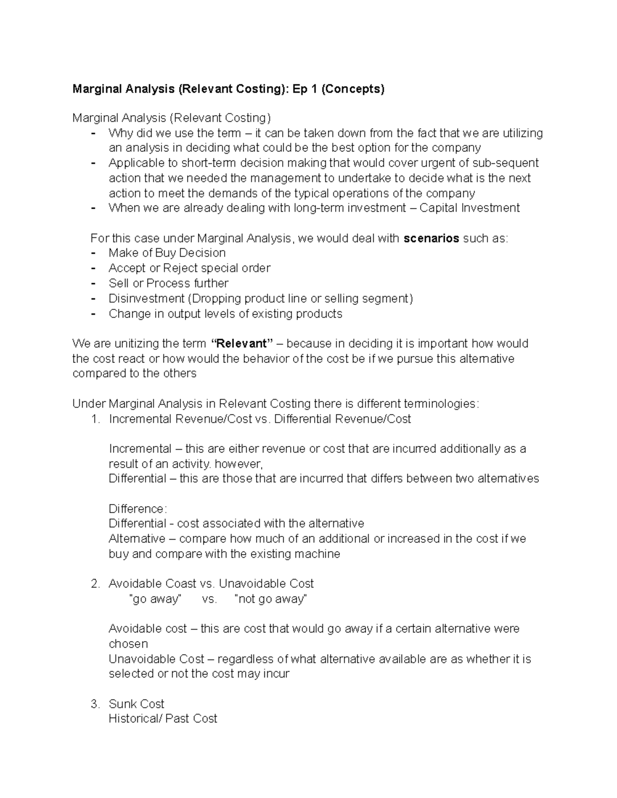 Marginal Analysis - Notes - Marginal Analysis (Relevant Costing): Ep 1 ...