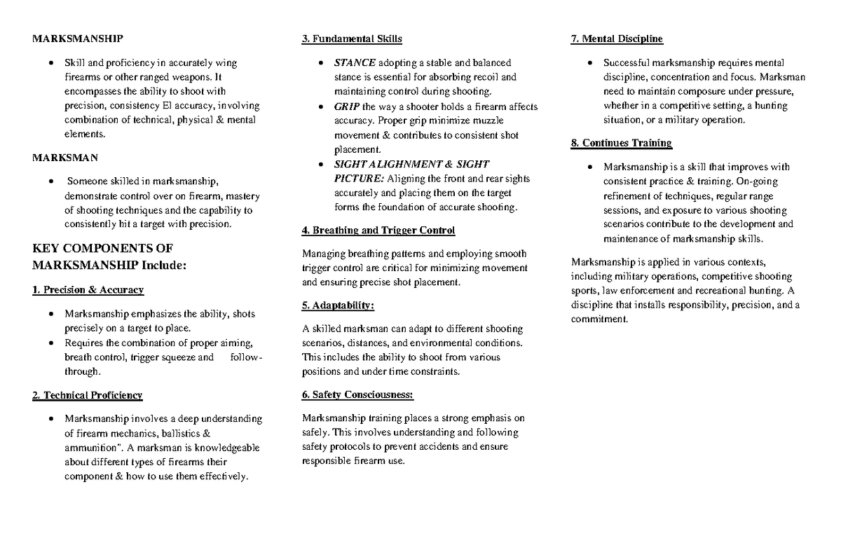 Markmanship NOTE - MARKSMANSHIP Skill and proficiency in accurately ...