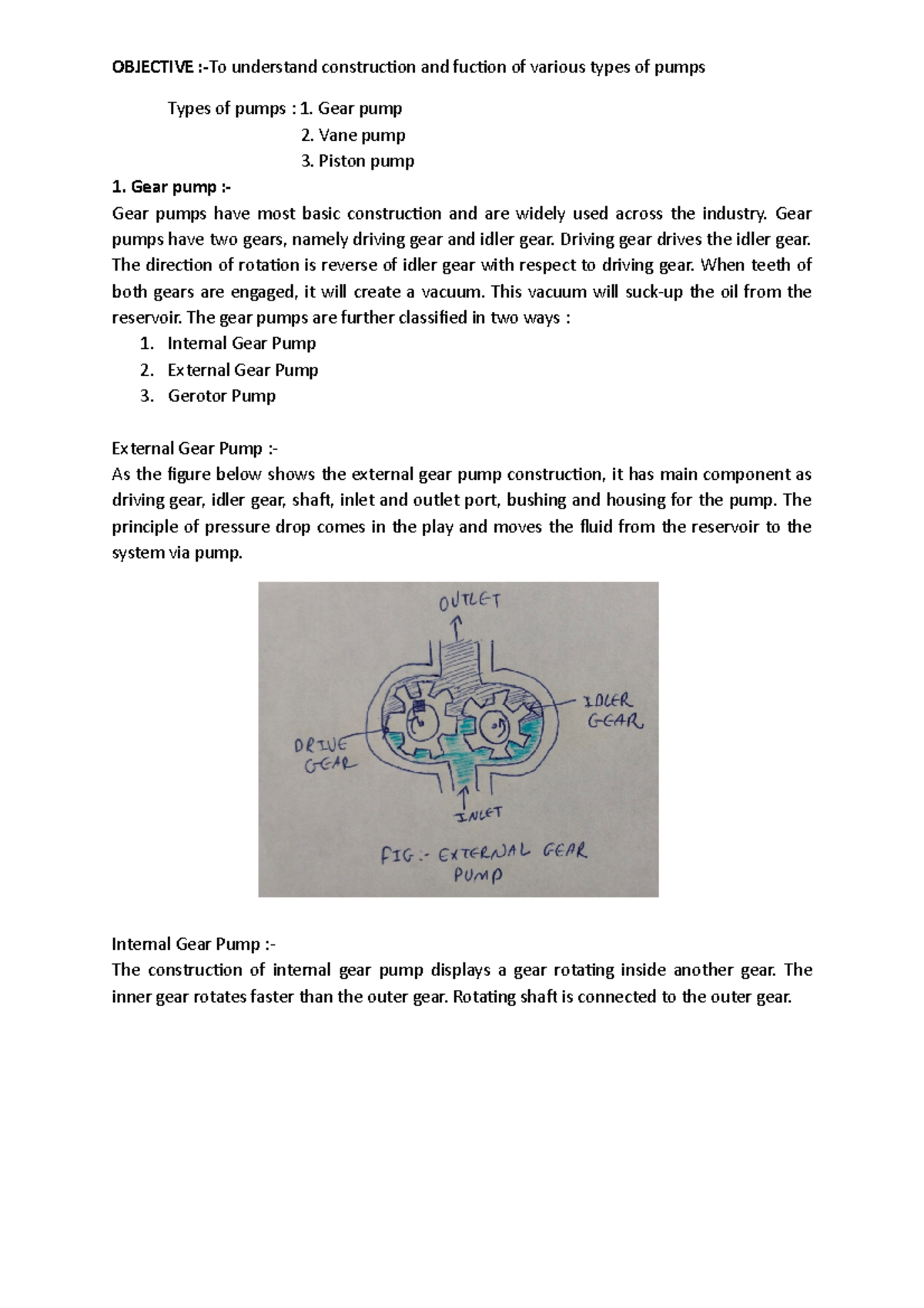 LAB-8 Hydraulic Pumps Report - OBJECTIVE :-To understand construction ...