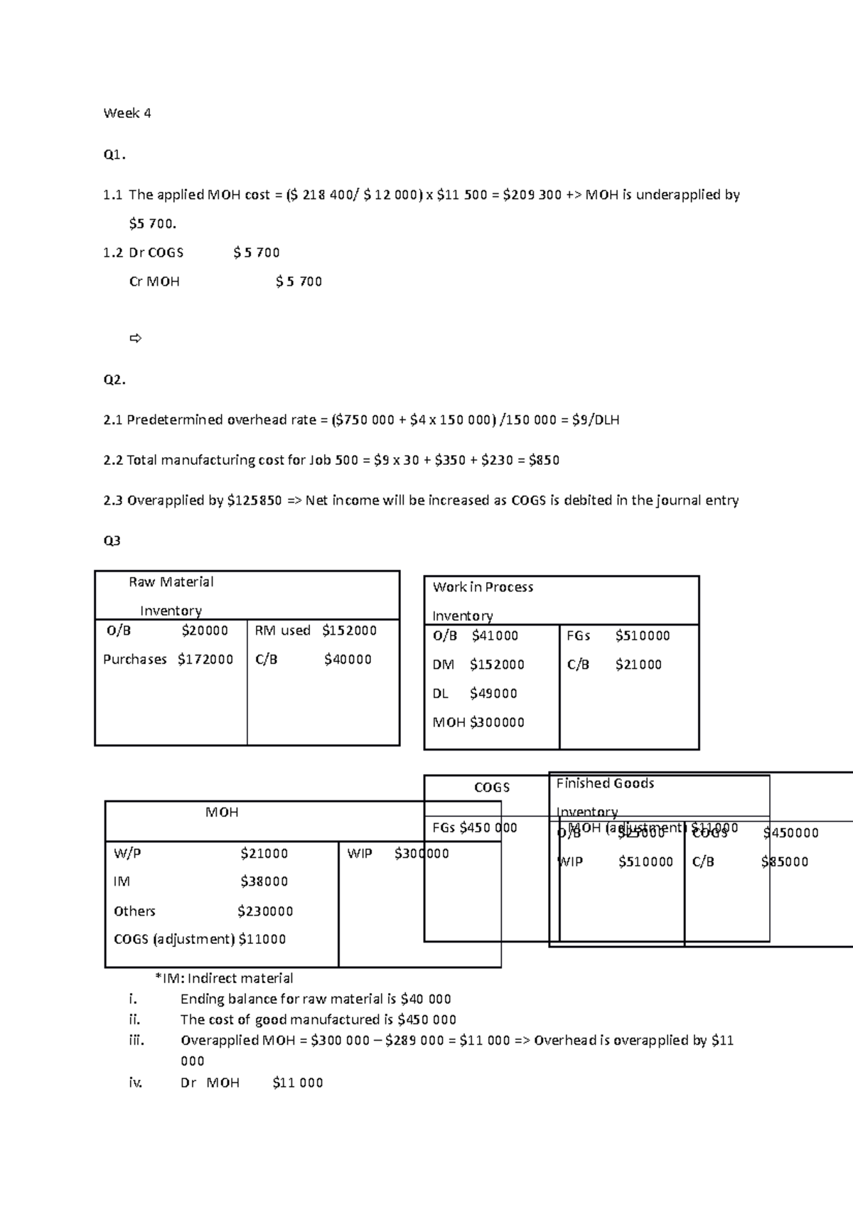 Accg2000 weekly questions - Week 4 Q1. 1 The applied MOH cost = ($ 218 ...