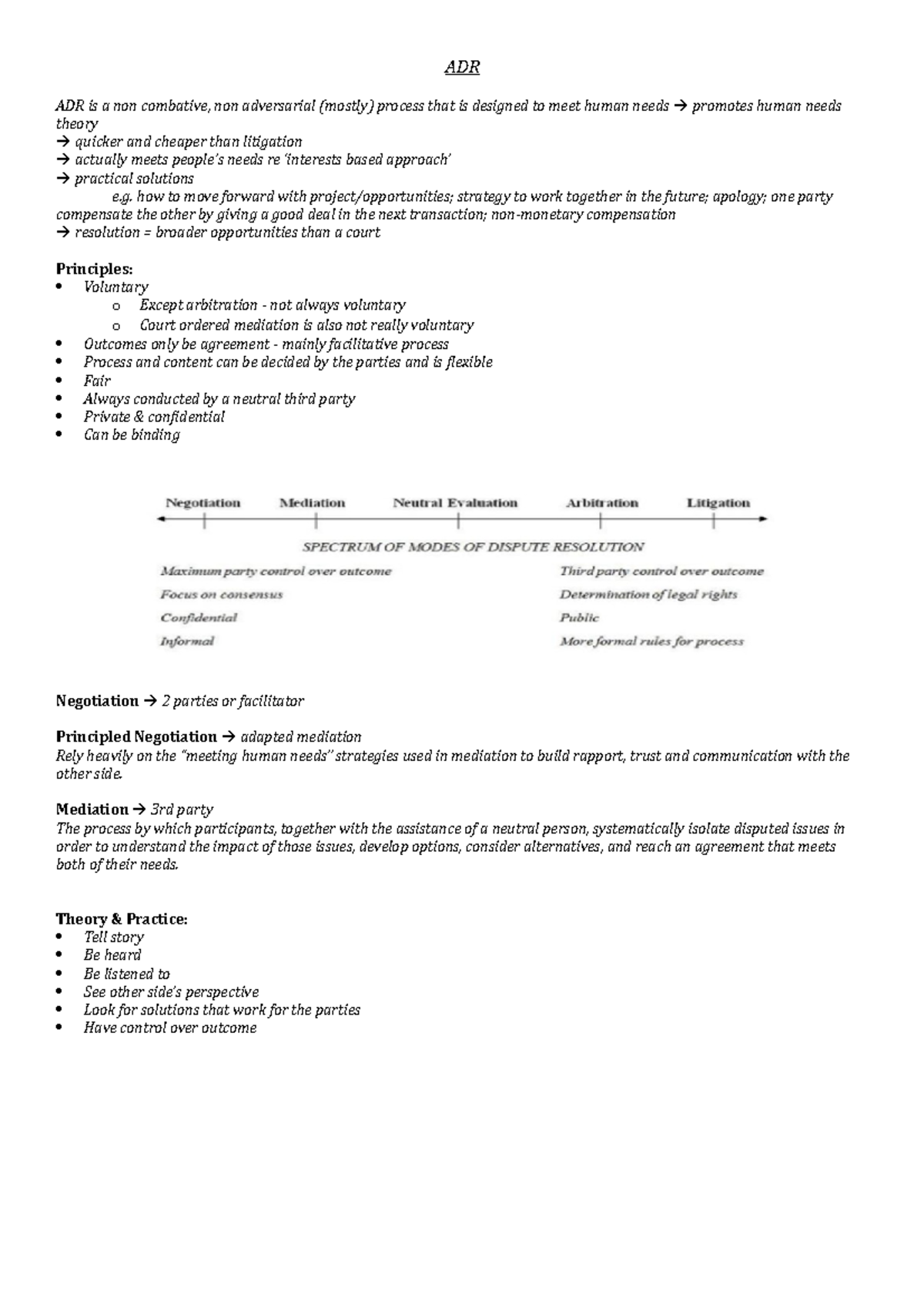 Full Notes For Final Exam ADR ADR Is A Non Combative Non Adversarial