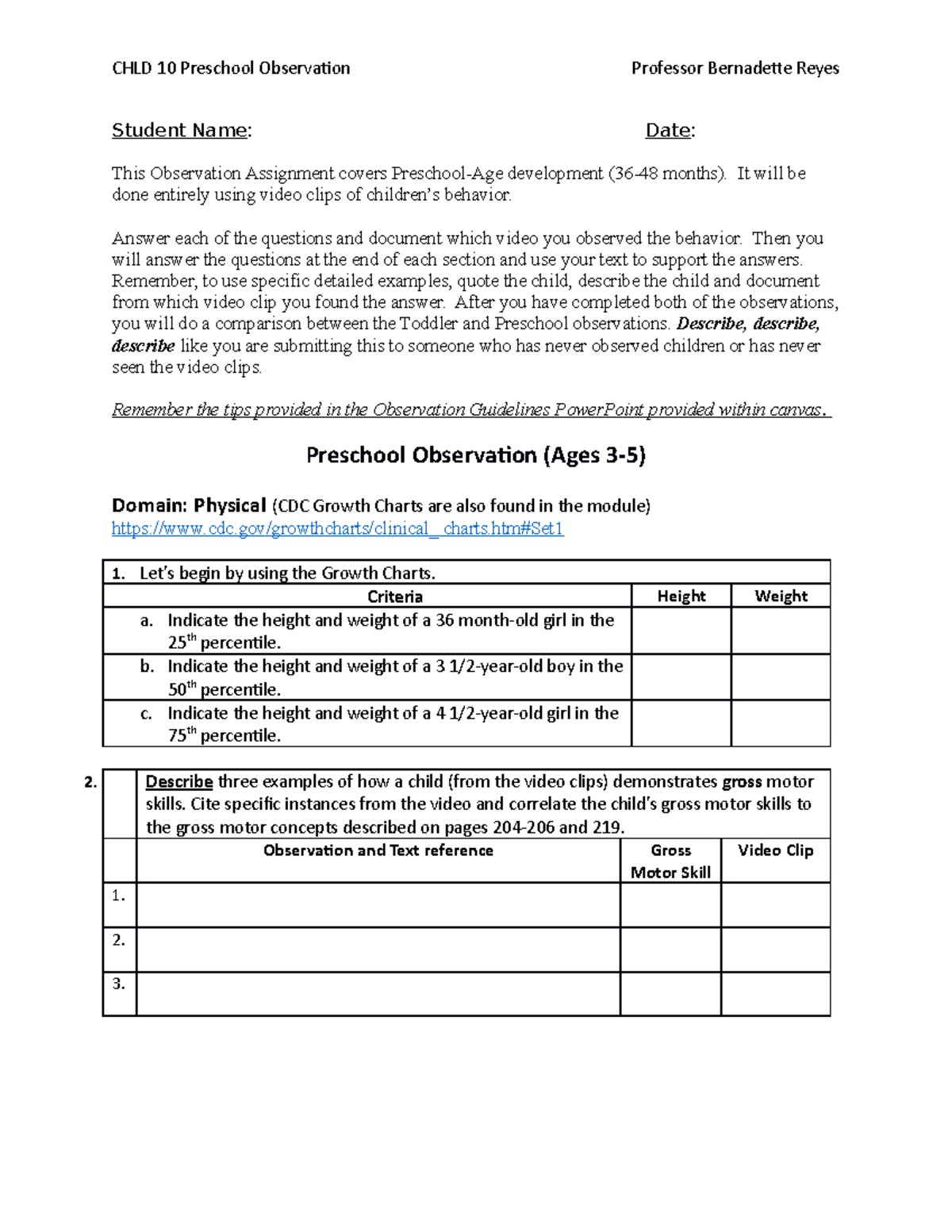 Preschool Observation Template for child assignment - CHLD 10 Preschool ...