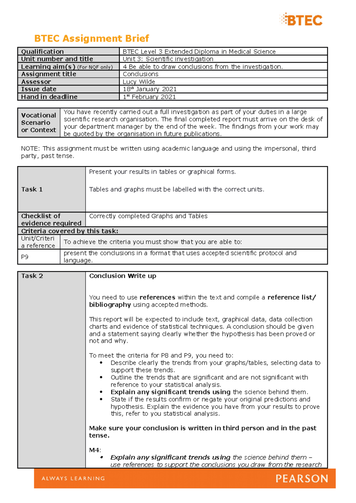 P8 P9 M4 D3 BTEC Assignment Brief - BTEC Assignment Brief Qualification ...