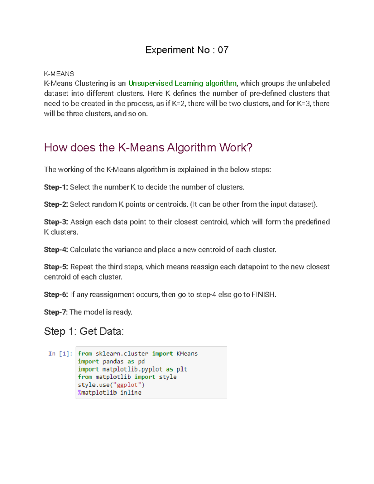 Experiment No 07 - MUMBAI UNIVERSITY - Experiment No : 07 K-MEANS K ...