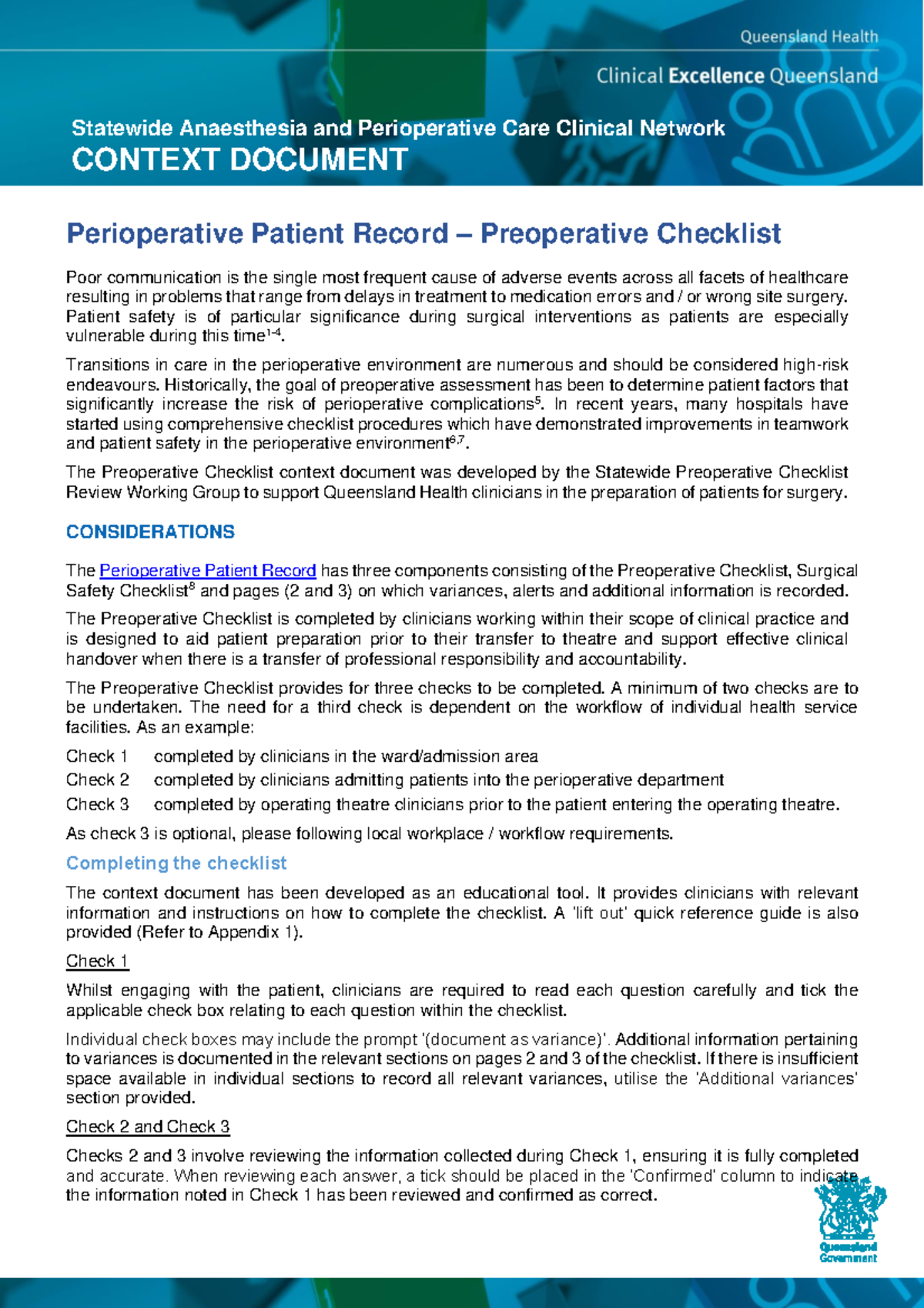 Pre op checklist context document - Perioperative Patient Record ...