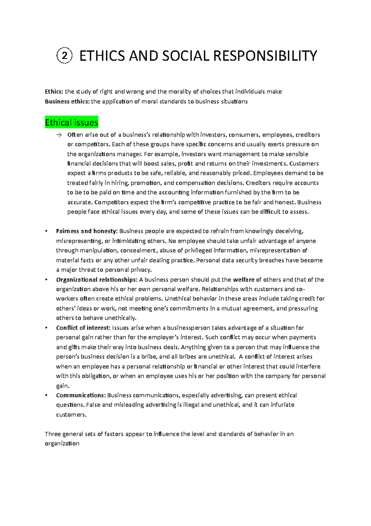 Business Management Chapter 2 - ② ETHICS AND SOCIAL RESPONSIBILITY ...