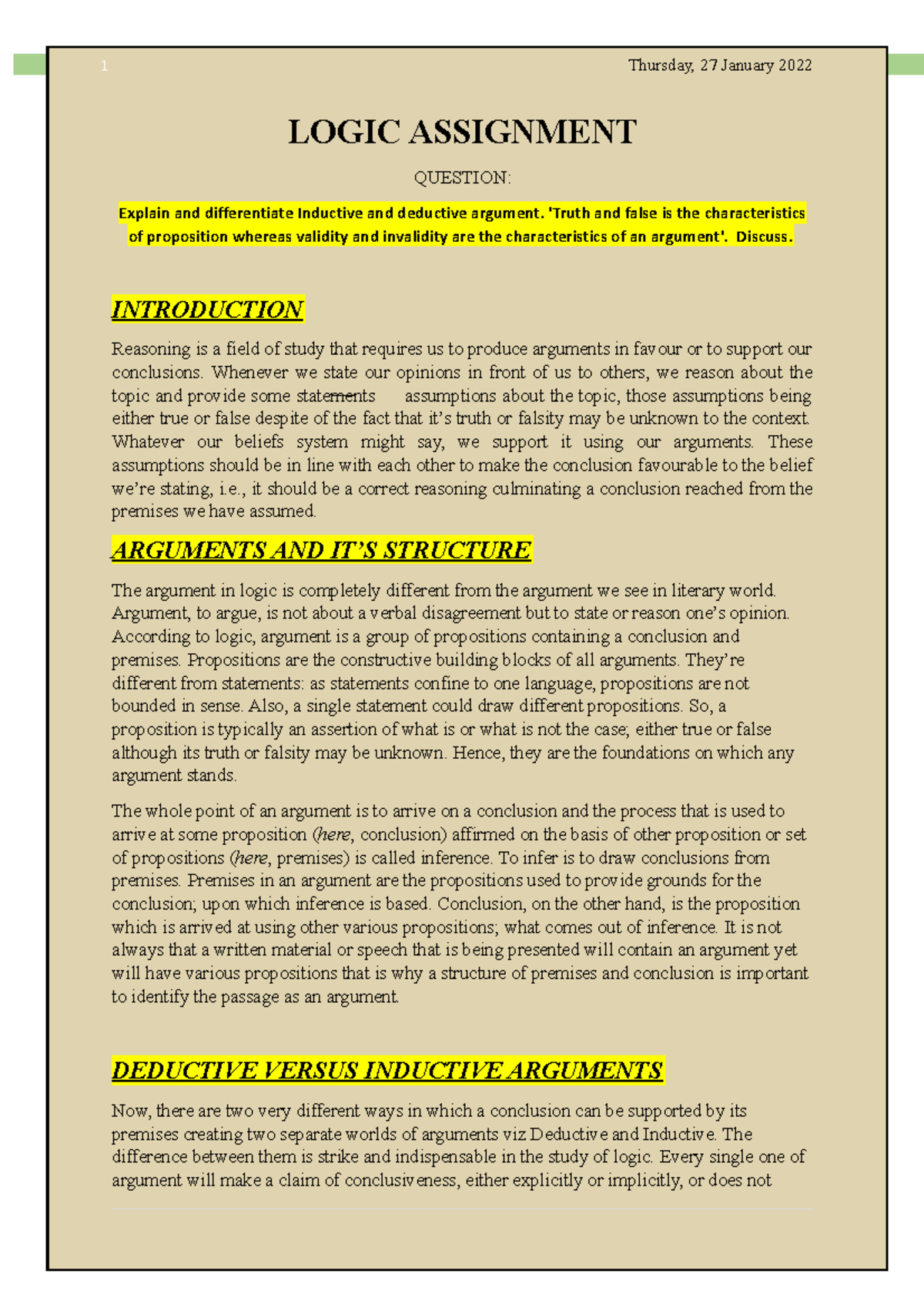 Argument - logic sem 1 assignment - LOGIC ASSIGNMENT QUESTION: Explain and differentiate ...