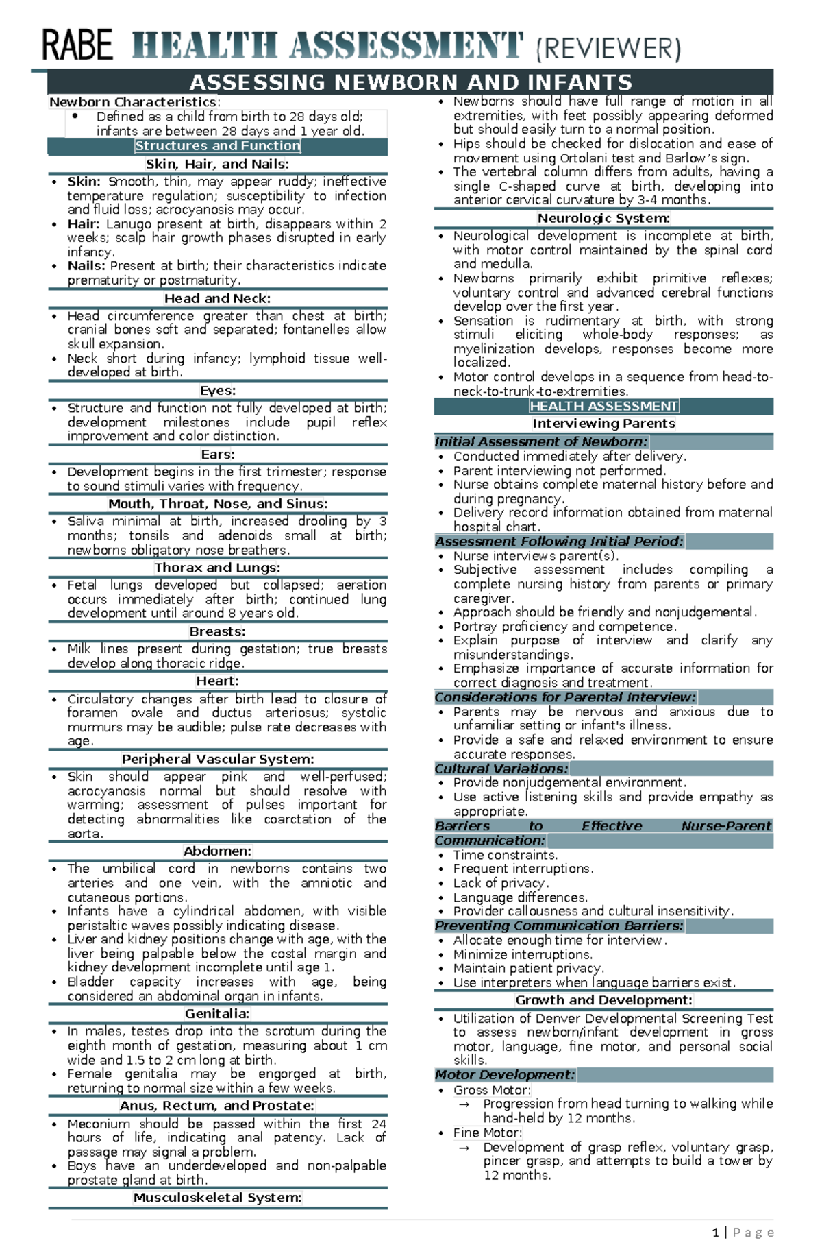 Newborn TO Infant Assessment drug study LECTURE NOTES - ASSESSING ...