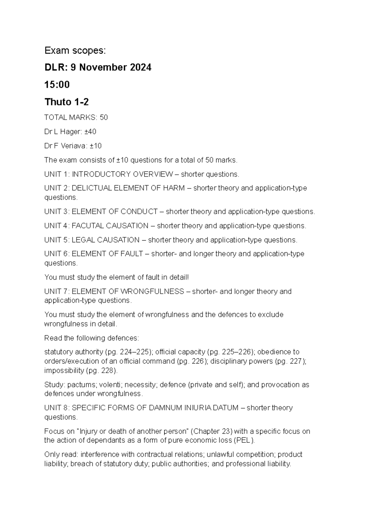 Exam scopes - Exam scopes: DLR: 9 November 2024 15: Thuto 1- TOTAL ...