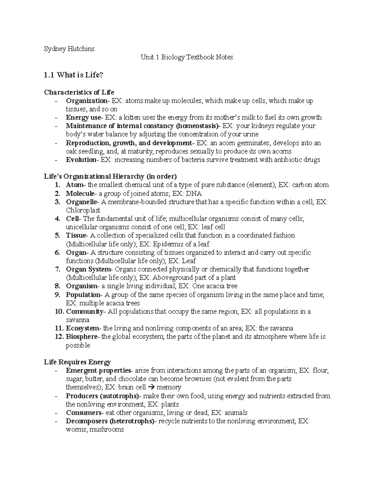 Unit 1 Textbook Notes - Sydney Hutchins Unit 1 Biology Textbook Notes 1 ...