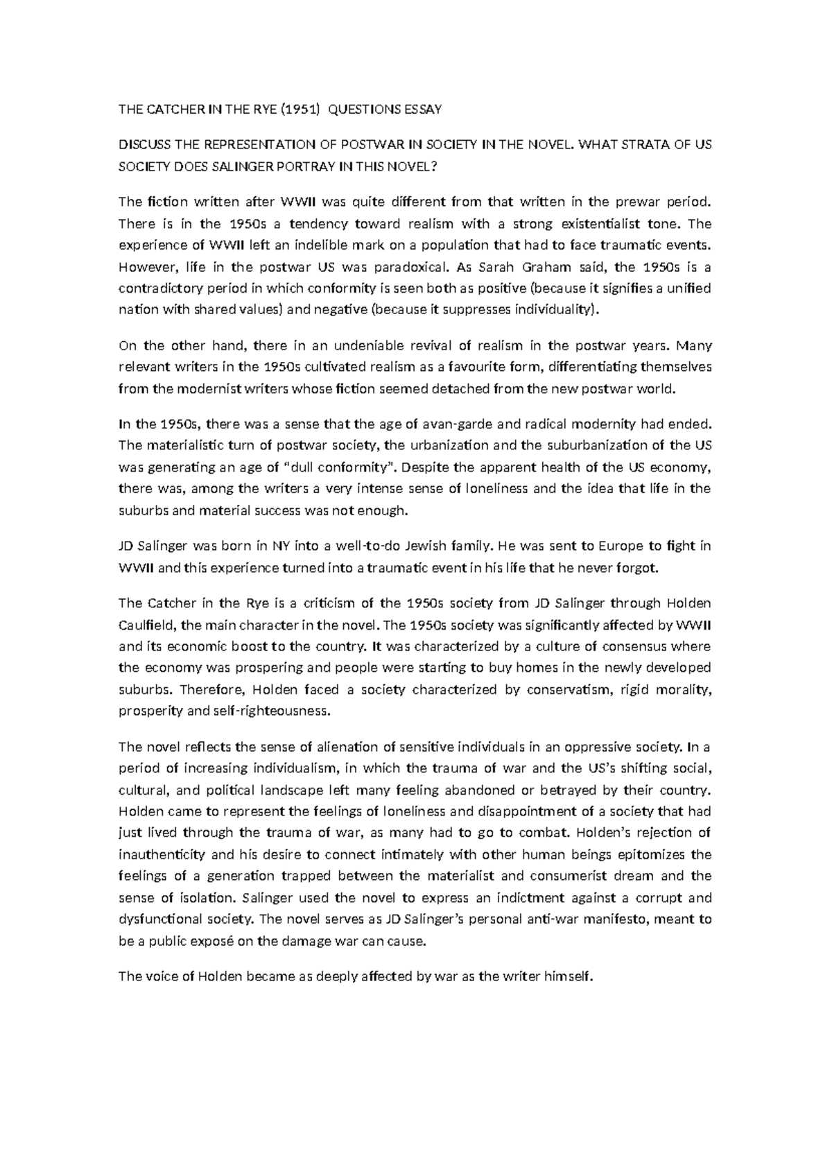 THE Catcher IN THE RYE - Resúmen - THE CATCHER IN THE RYE (1951 ...