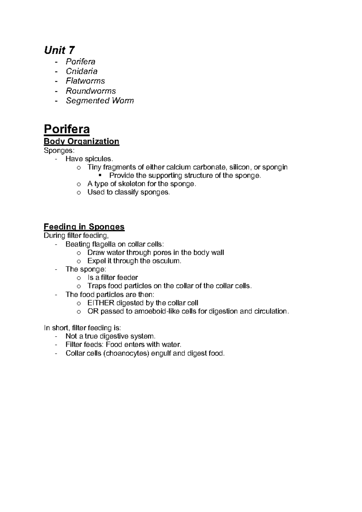 Biology 11 U7 & U8 Notes - Unit 7 Porifera Cnidaria Flatworms ...