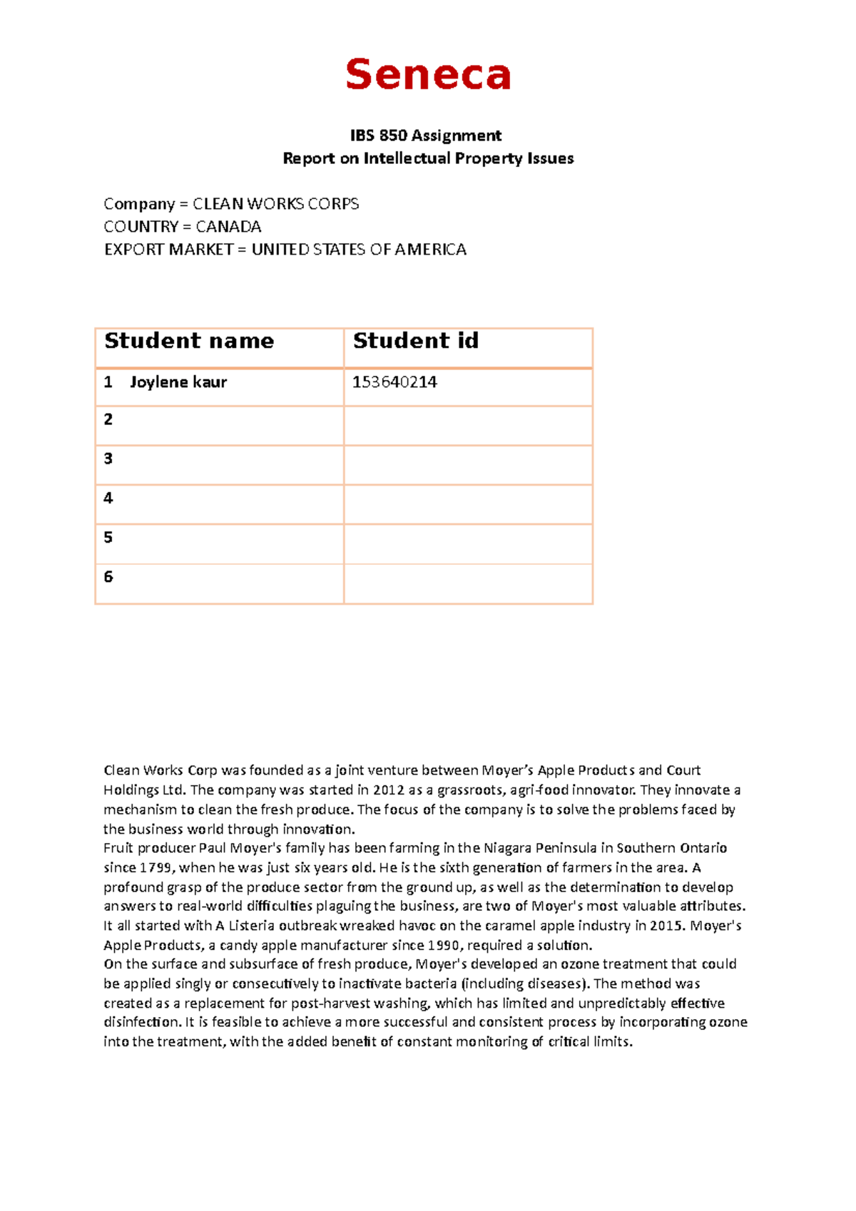 IPR team 6 - Team assignment - Seneca IBS 850 Assignment Report on ...
