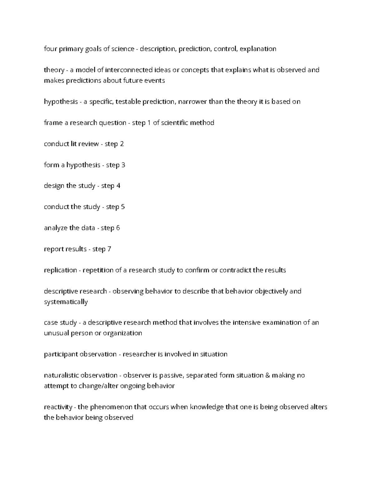 PSYC001 Final Exam Terms - four primary goals of science - description ...