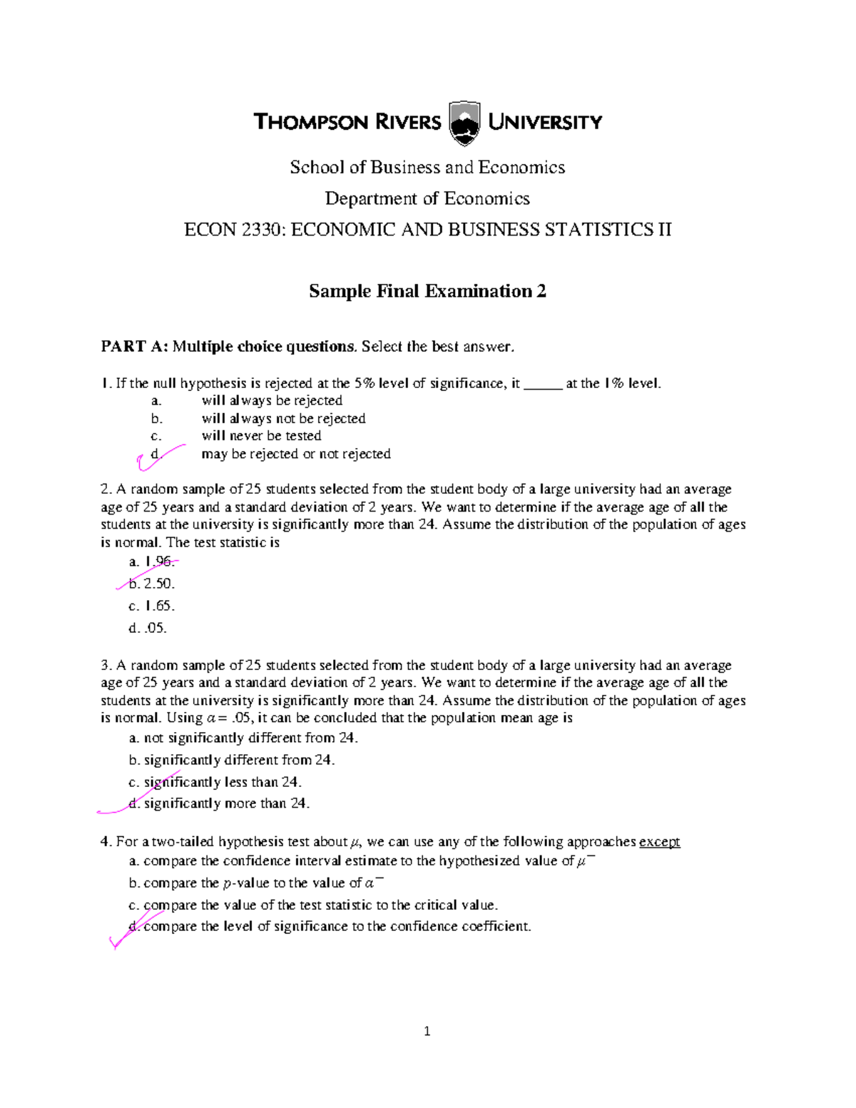 1 Sample Final 1 SET B - School of Business and Economics Department of ...