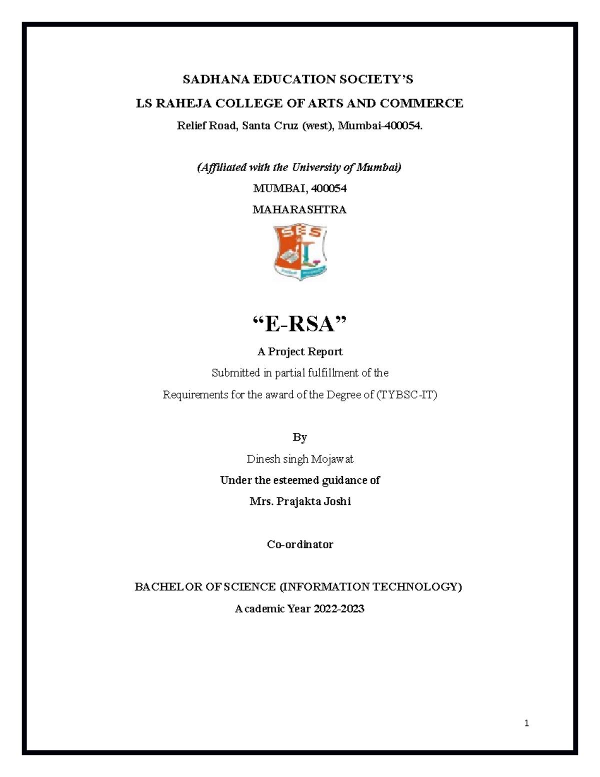 Project report On-5 - SADHANA EDUCATION SOCIETY’S LS RAHEJA COLLEGE OF ...