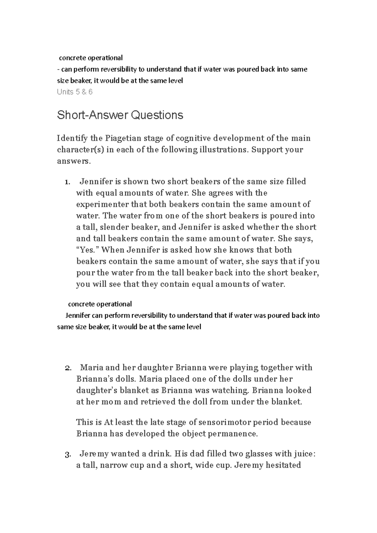 Unit 5 &6 - short answer questions - concrete operational - Studocu