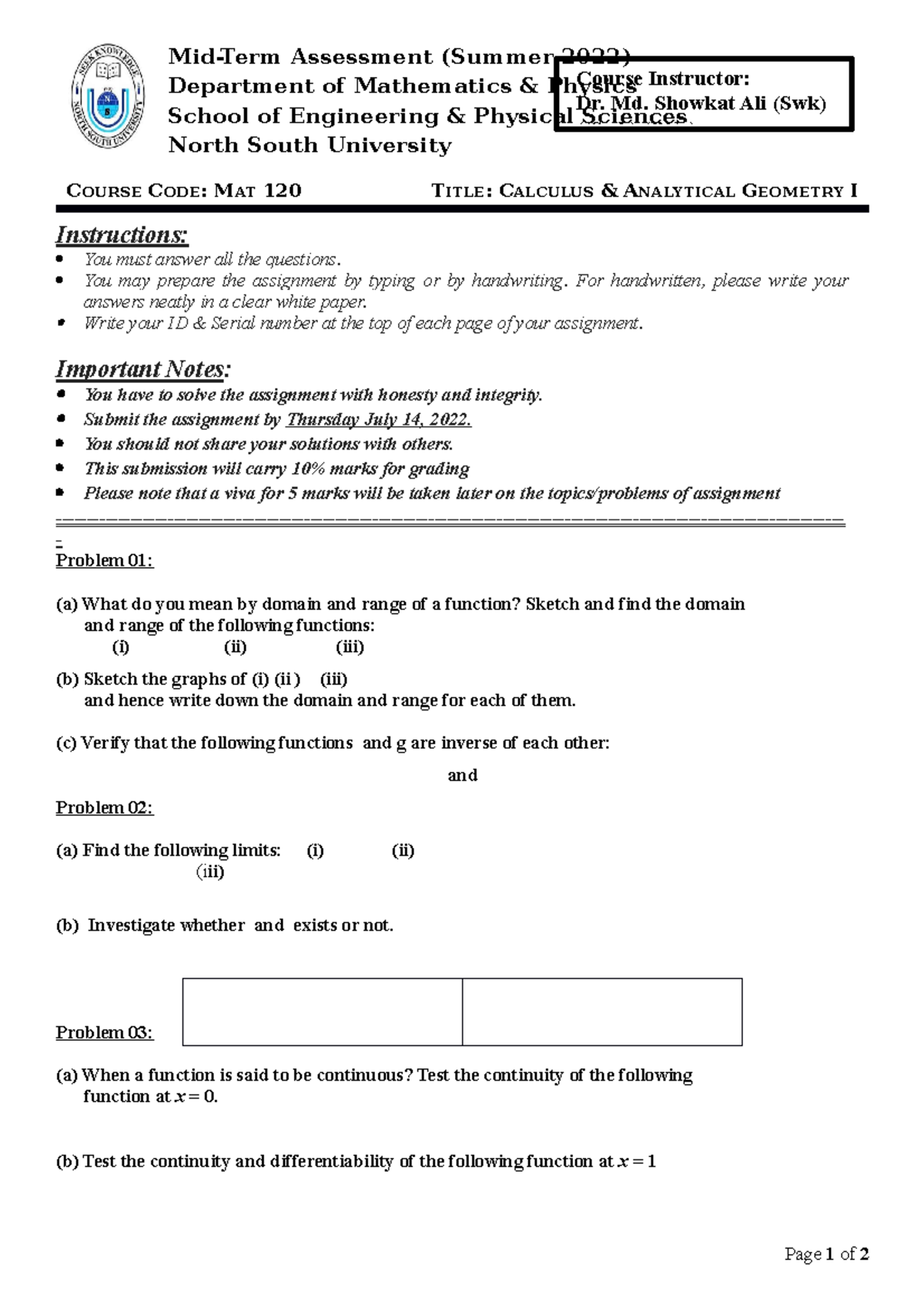 MAT120 Mid-term Assessment Summer 2022 - Mid-Term Assessment (Summer 2022) Department of ...