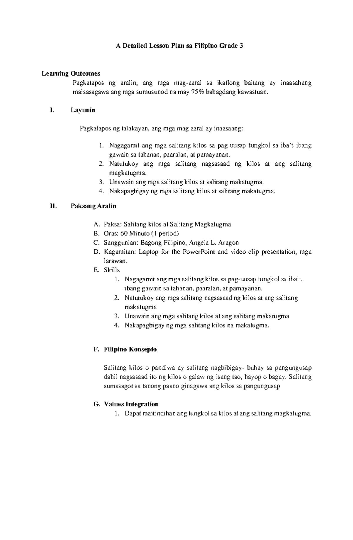 DLP Filipino - A Detailed Lesson Plan sa Filipino Grade 3 Learning ...