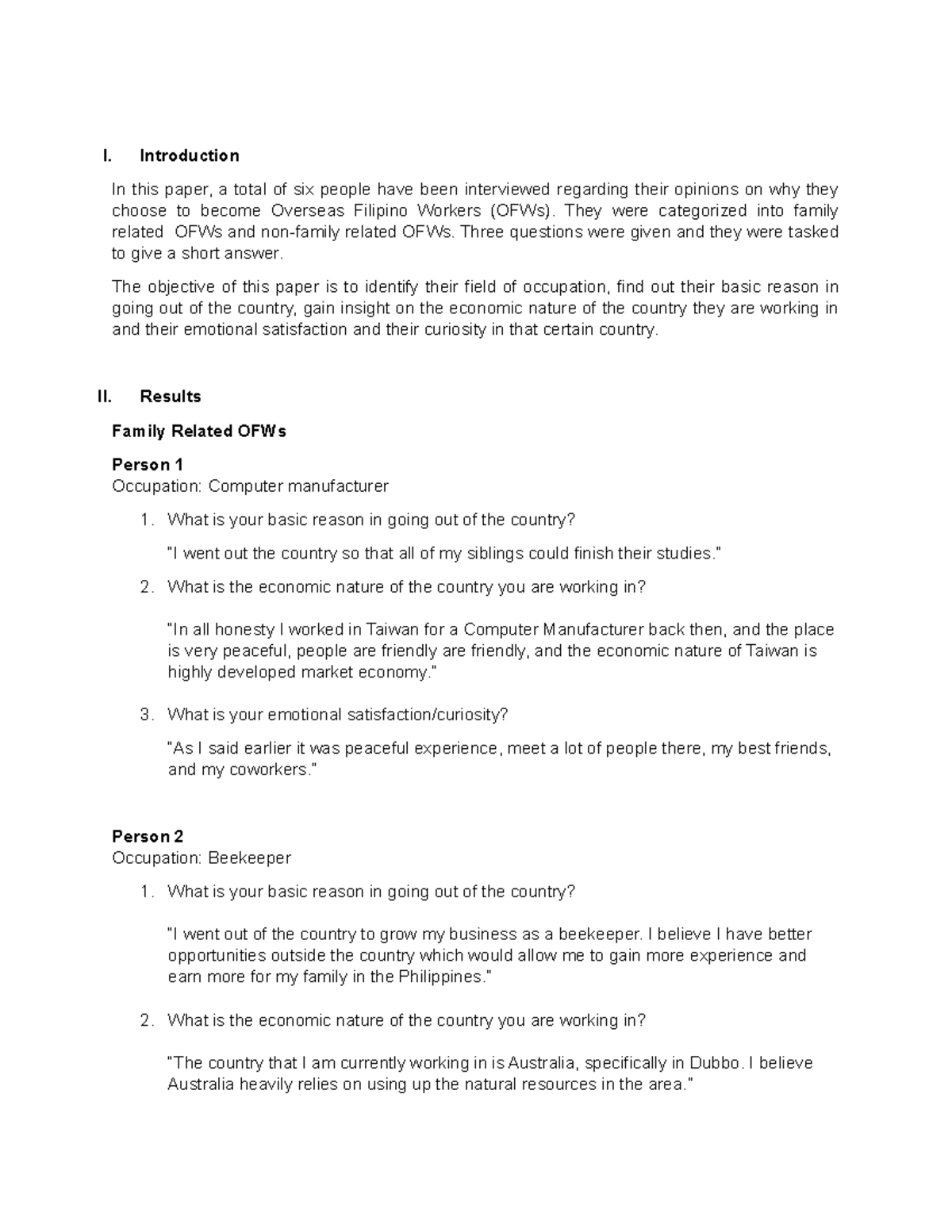 OFW interview - assignment - I. Introduction In this paper, a total of ...