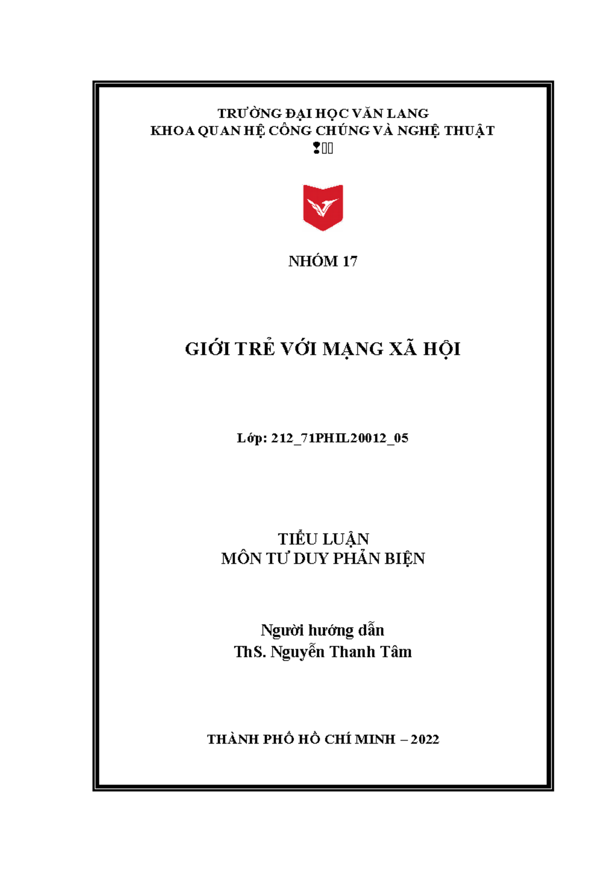 Trang bìa lớp 05 - TRƯỜNG ĐẠI HỌC VĂN LANG KHOA QUAN HỆ CÔNG CHÚNG VÀ ...