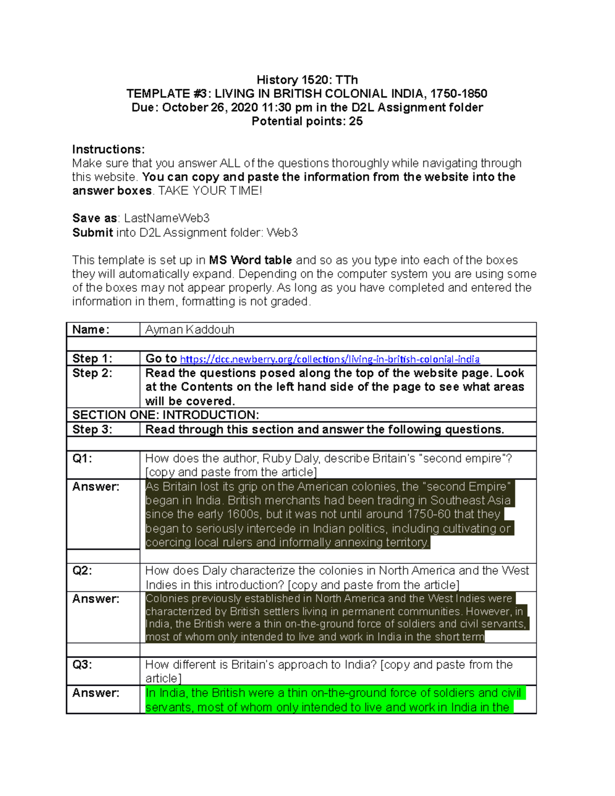 1520TTh British in India table - History 1520: TTh TEMPLATE #3: LIVING ...