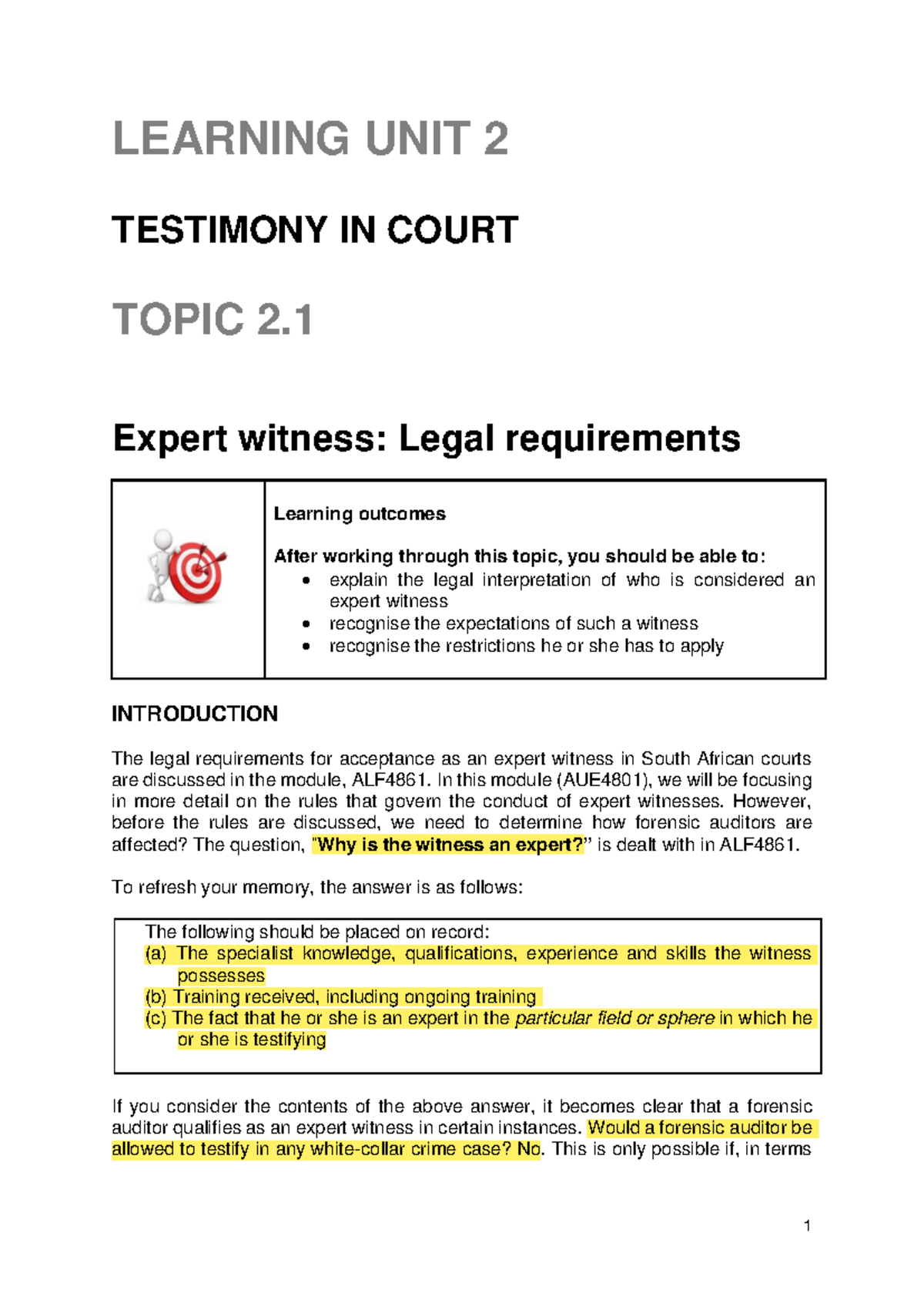 AUE4801 Learning Unit 2 2024 - LEARNING UNIT 2 TESTIMONY IN COURT TOPIC ...