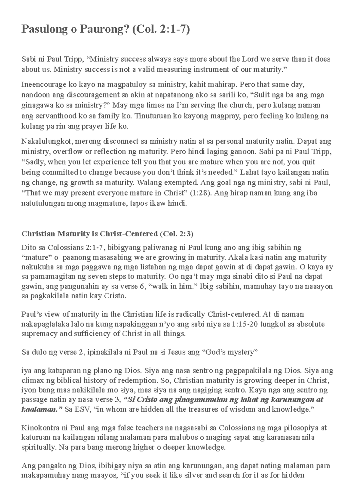 Pasulong o Paurong - Christianity - Pasulong o Paurong? (Col. 2:1-7 ...