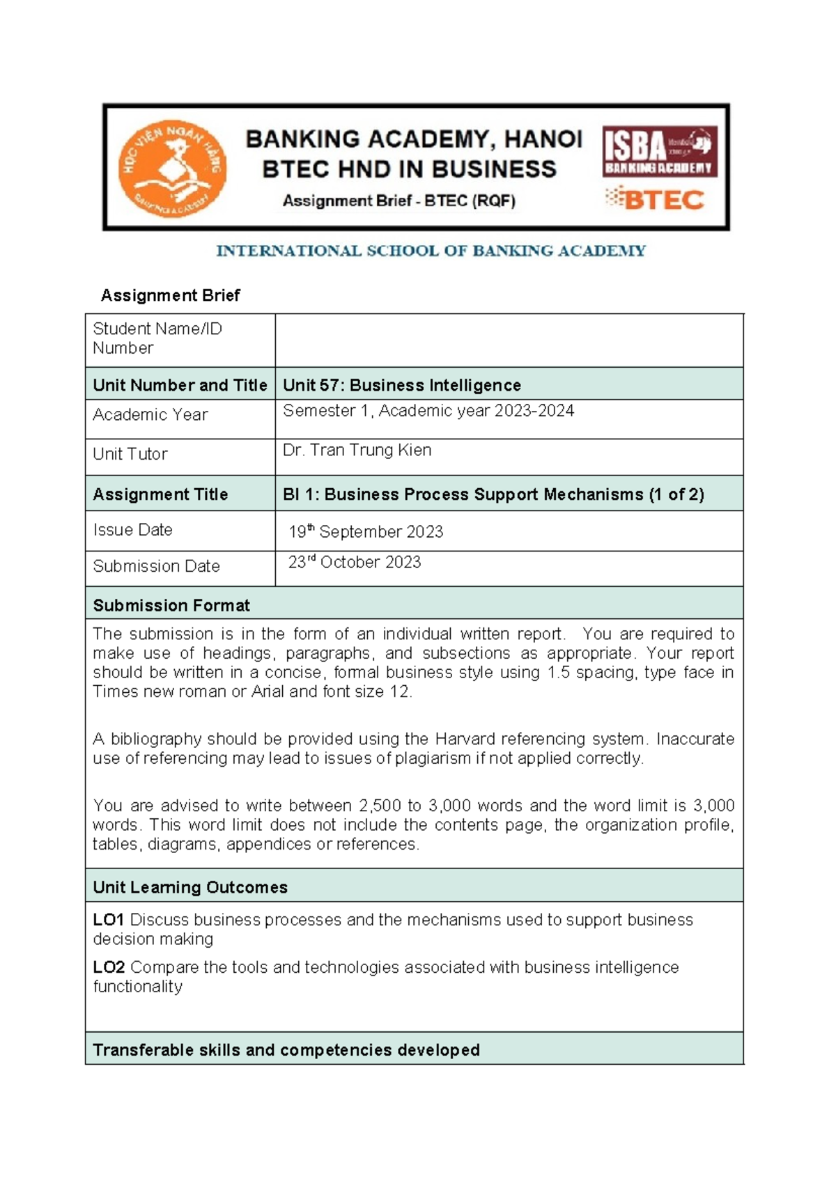 Assignment Brief (A1) BI - Sem1 2023-2024 - Assignment Brief Student Name/ID Number Unit Number ...