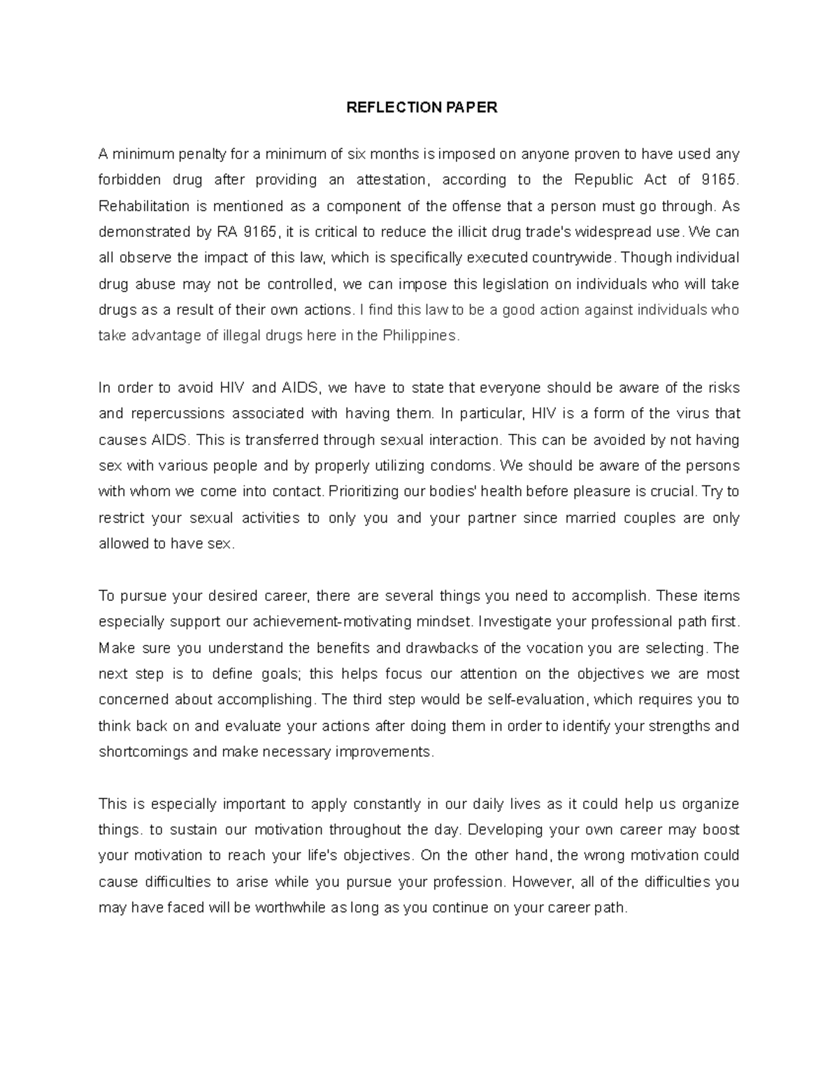 Republic Act of 9165 - REFLECTION PAPER A minimum penalty for a minimum ...