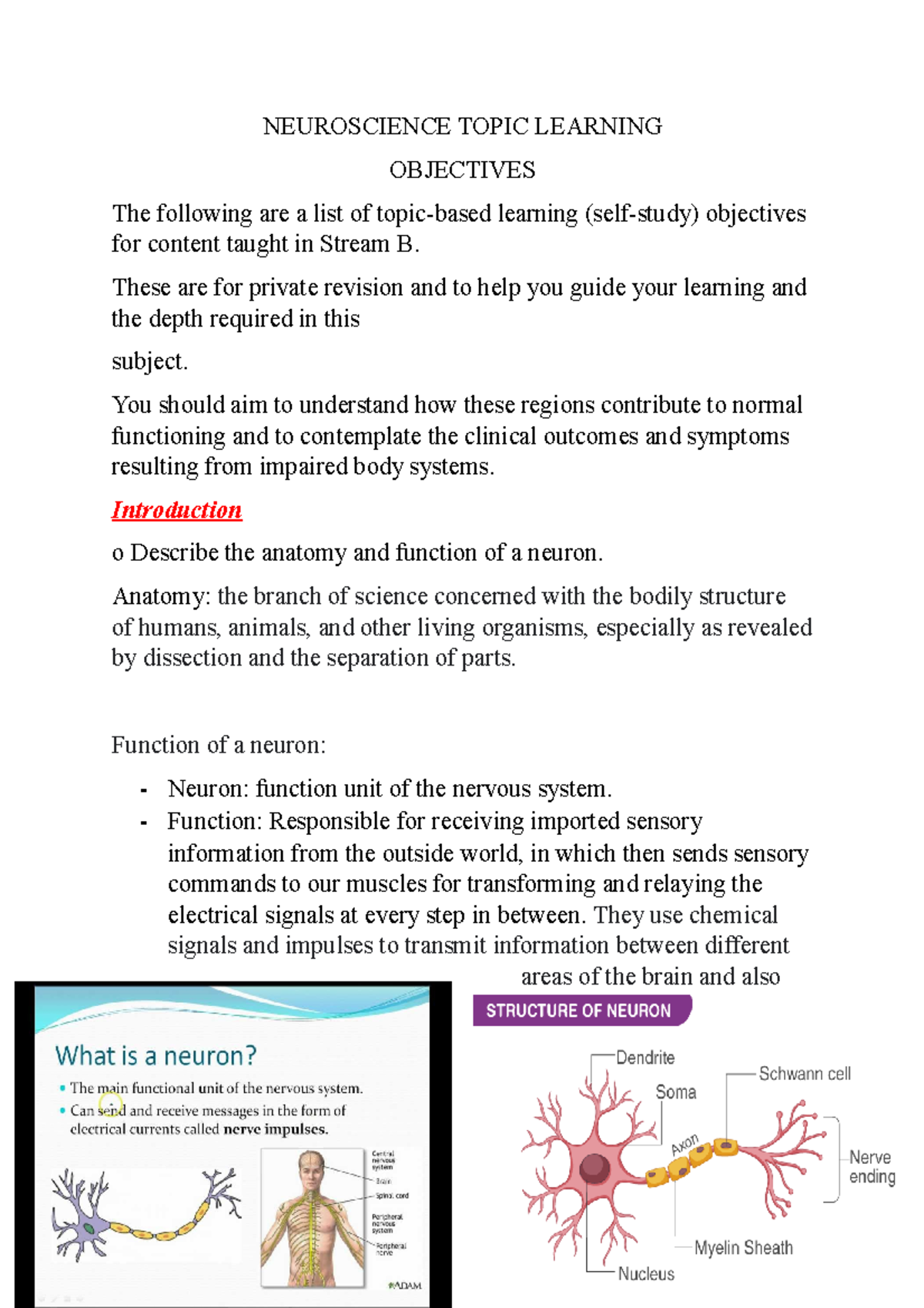 Neuroscience Topic Learning Objectives Notes (Auto Recovered ...