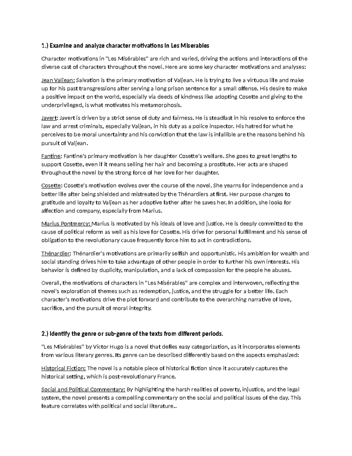 World Literature - 1.) Examine and analyze character motivations in Les ...