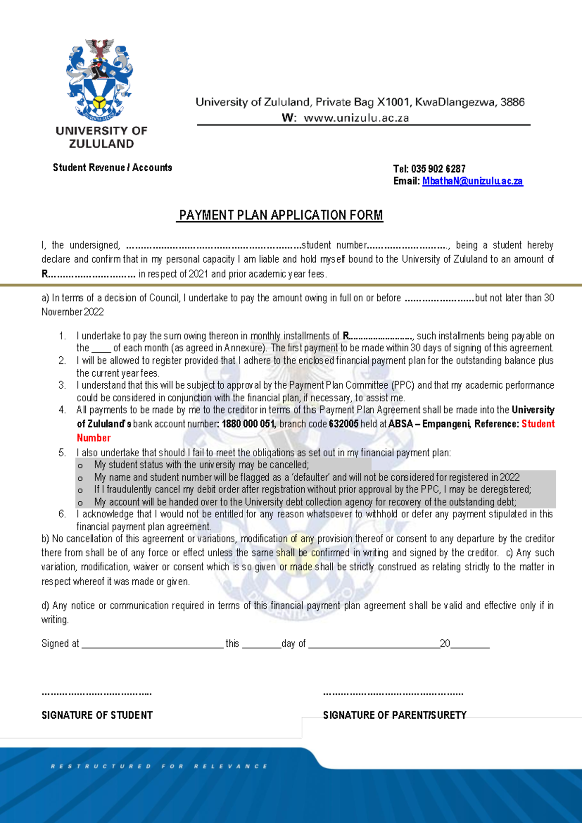 Unizulu Payment Plan forms 2022 - PAYMENT PLAN APPLICATION FORM I, the undersigned, - Studocu