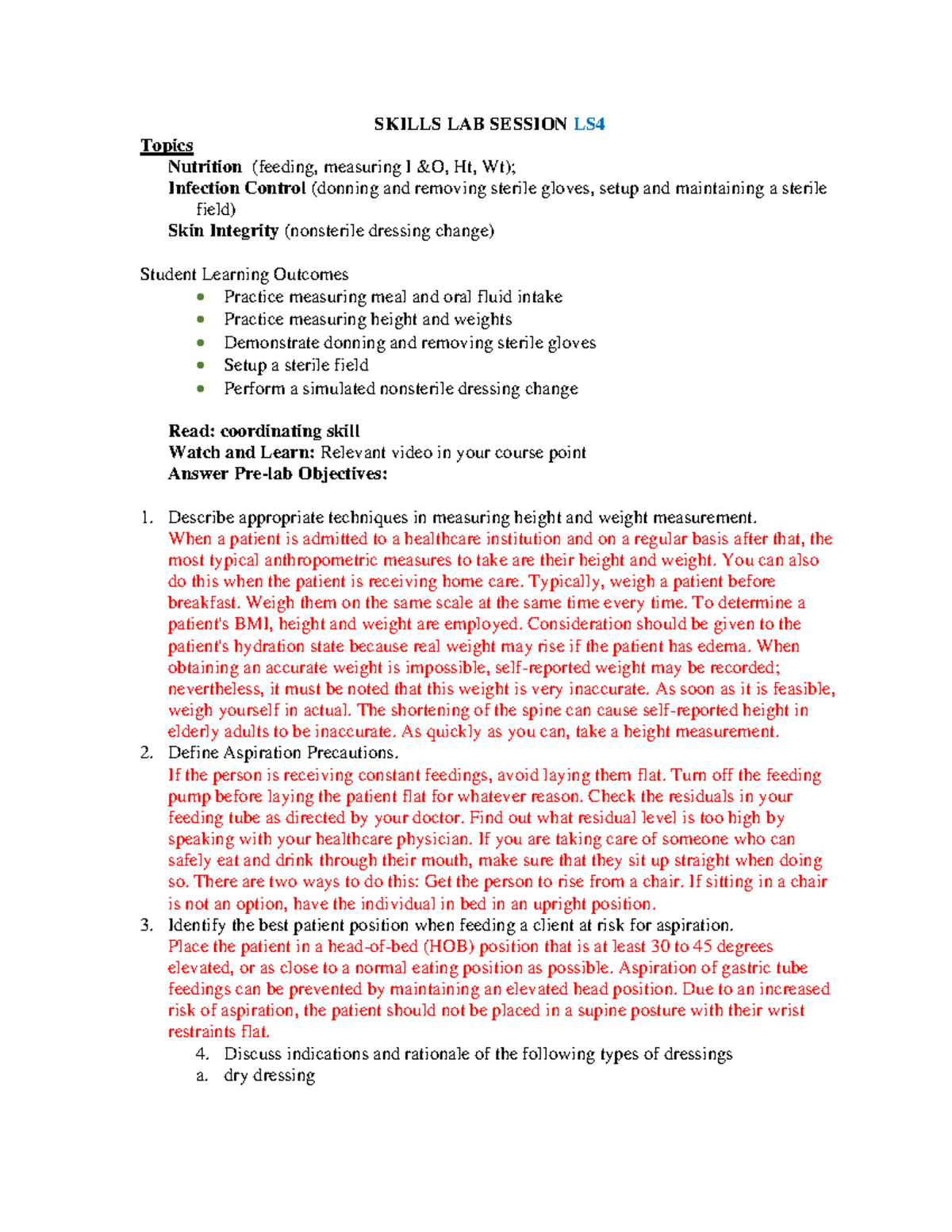 Skills LAB Session LS4 - Lab Assignment 4 - SKILLS LAB SESSION LS Topics Nutrition (feeding ...