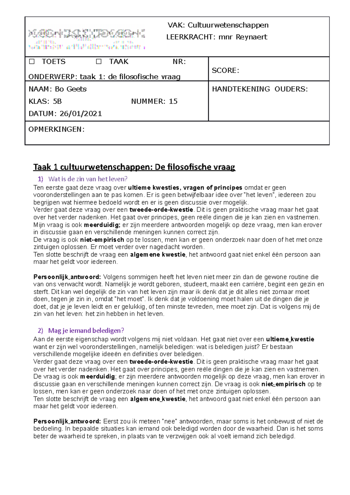 Hoofding taken - hyhiohiiiiihin - VAK: Cultuurwetenschappen LEERKRACHT ...